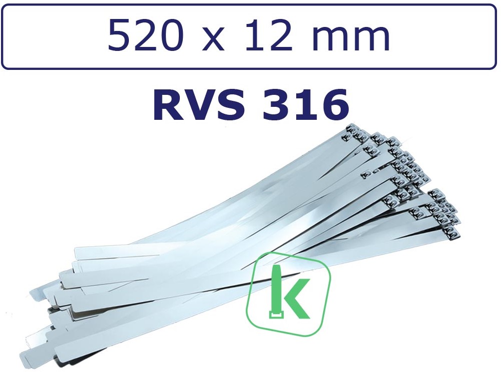 Tyraps, kabelbinders RVS 316 staal - 520 x 12 mm (Zak 100 stuks ...